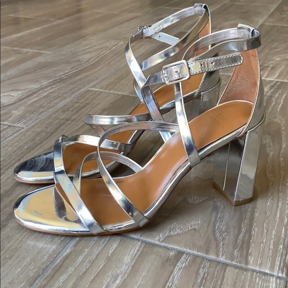 H by Halston | Shoes | Halston Silver Block Heel Ankle Strap Sandals ...